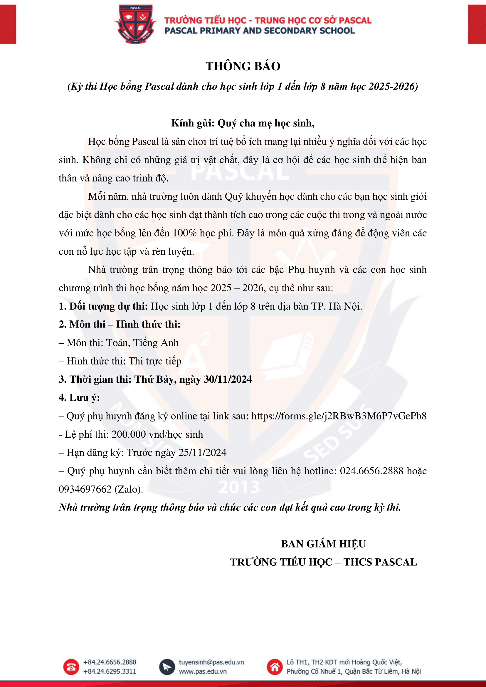 Thông báo: Kì thi học bổng Pascal năm học 2025 - 2026